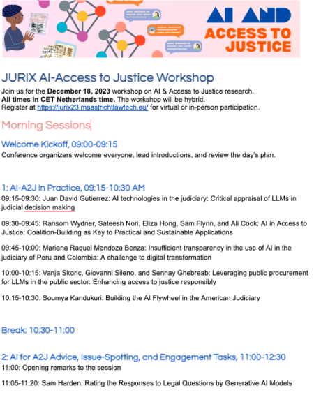 Schedule for AI & A2J Jurix workshop – Justice Innovation